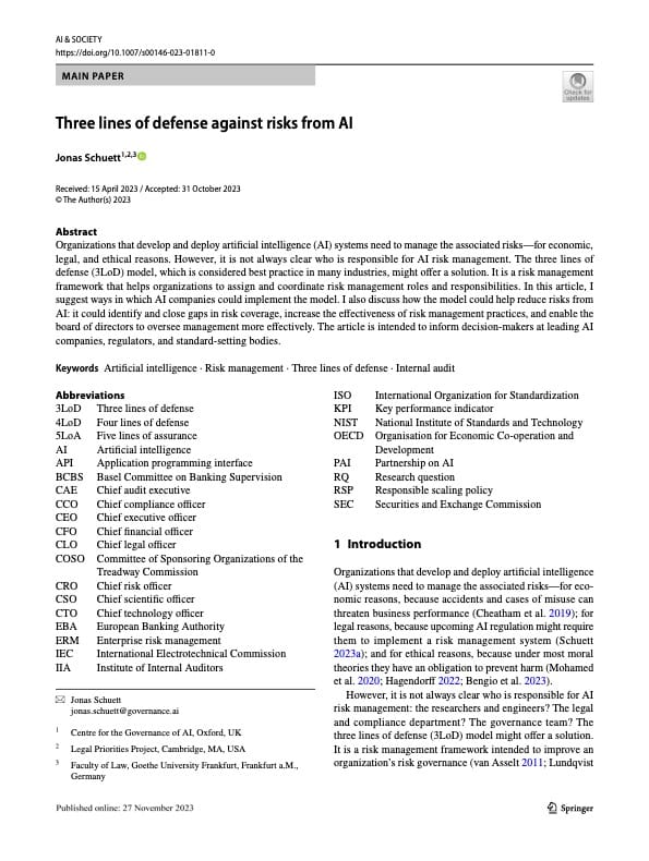 Three Lines of Defense Against Risks from AI