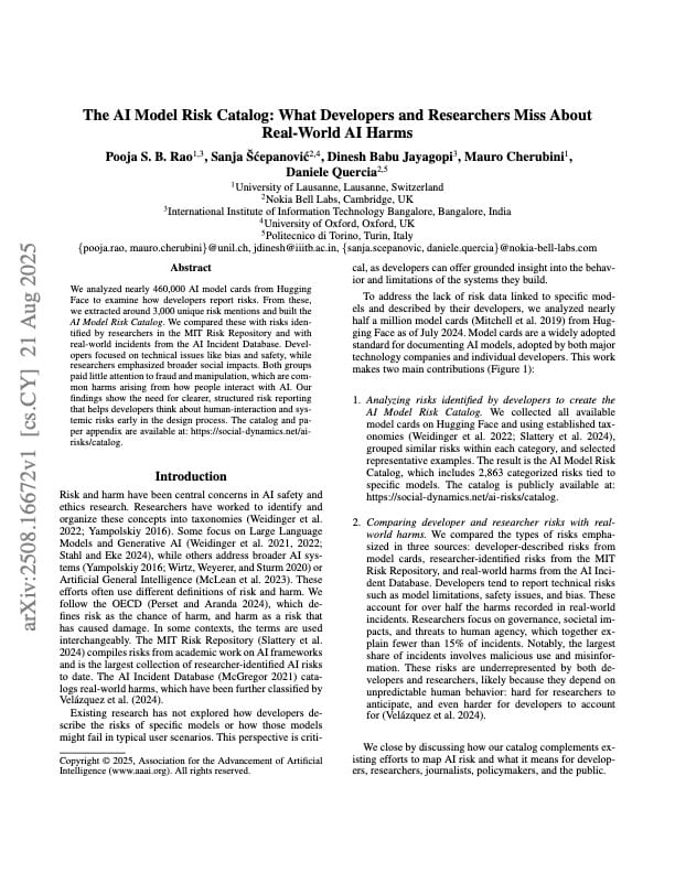 The AI Model Risk Catalog: What Developers and Researchers Miss About ...